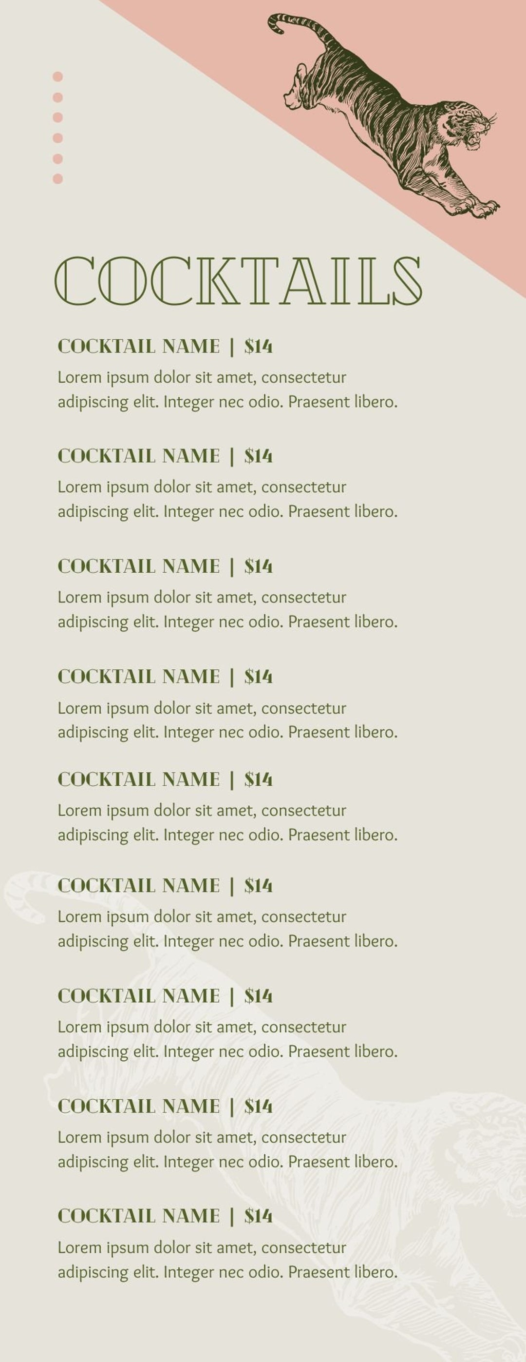 Tiger Cocktail Menu I Cocktail Menu Front & Back I Bar Menu I Drink ...