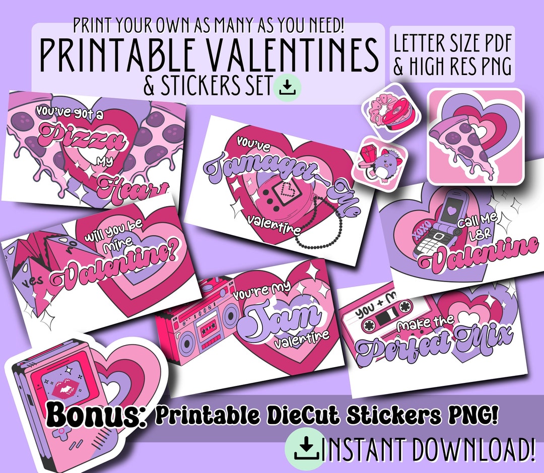 Retro 90s Y2K Printable Valentines Card & Sticker Set DIY Valentines ...