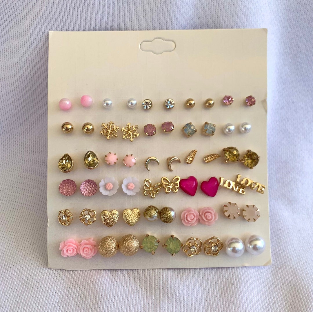 Pink and Gold Stud Earring Sets | Pearl Studs, Glitter, Flower, Heart ...