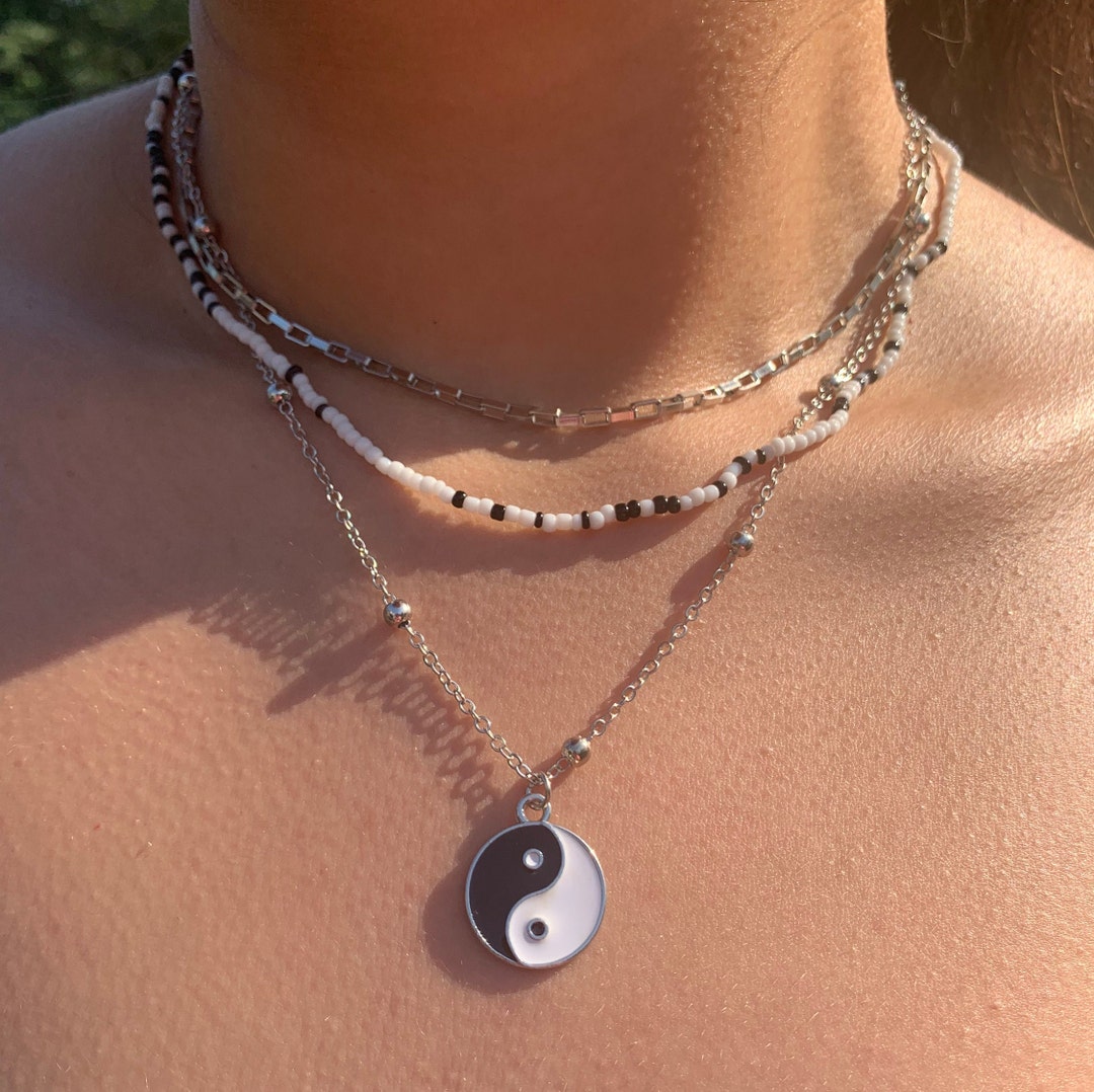 Yin Yang Silver and Beaded 3 Chain Layered Necklace | Yin Yang Jewelry ...