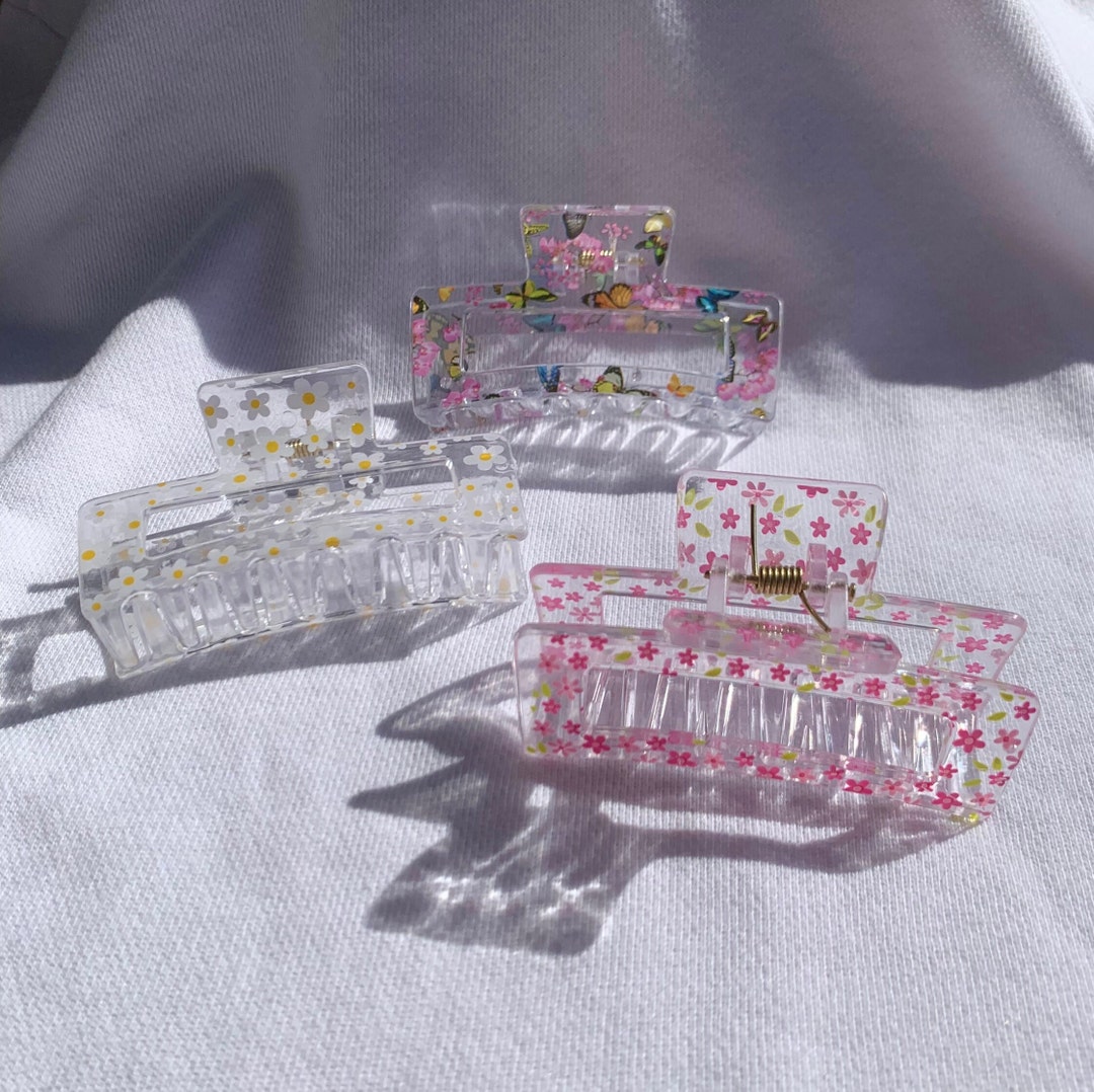 Floral and Butterfly Design Clear Square Hair Claw Clips | Aesthetic ...