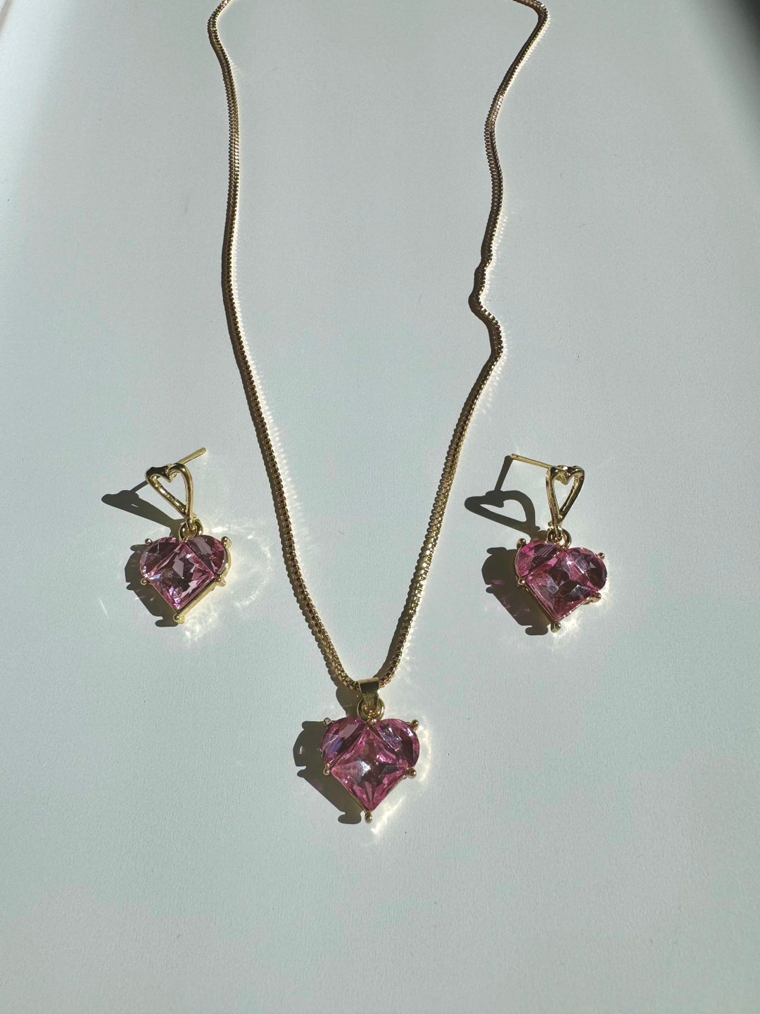 Pink Heart Rhinestone Gold Necklace and Earrings Jewelry Set | Necklace ...