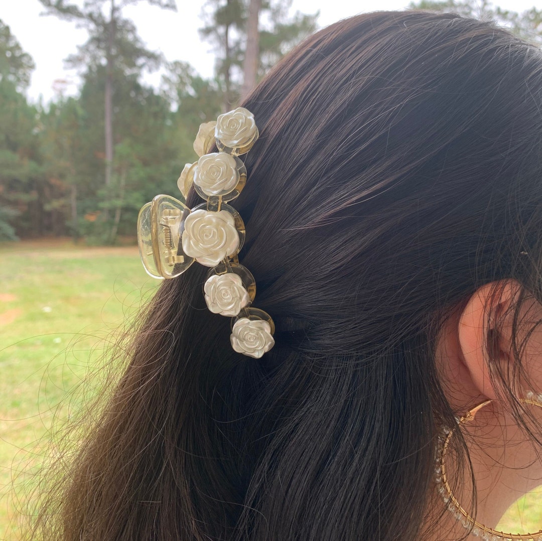 White Rose Hair Claw Clip White Hair Clip, Rose Hair Claw, Large Hair ...