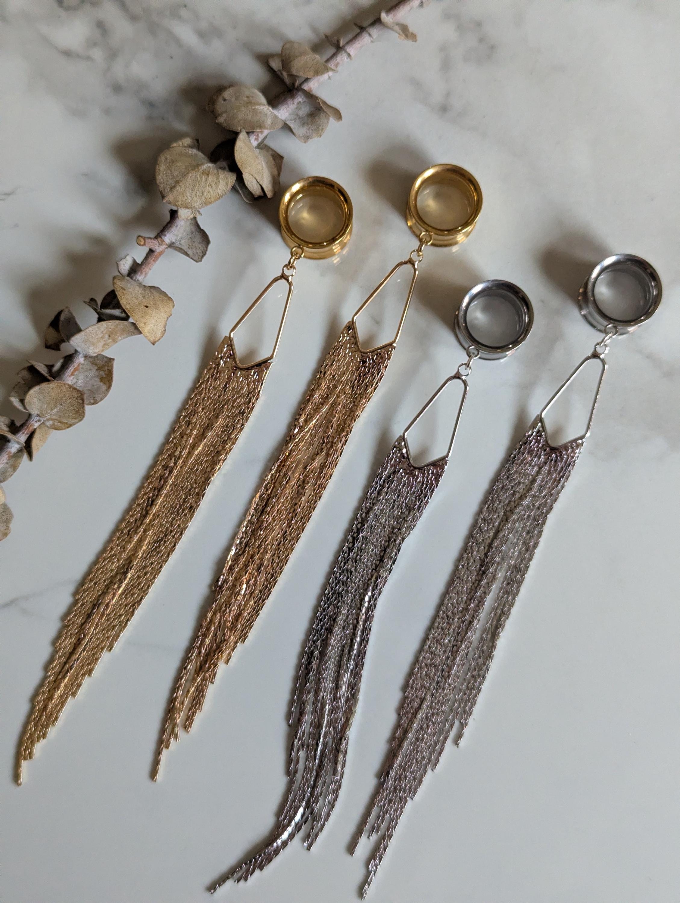 Silver or Gold Elegant Tassel Dangle Gauges Dangle Plugs Holiday Bridal ...