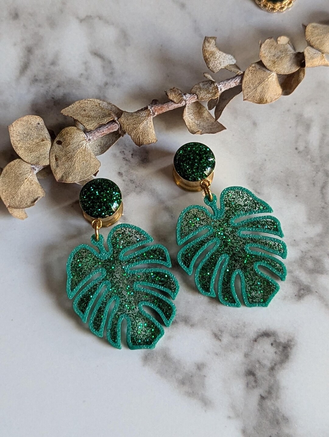 Monstera Glitter Leaf Dangle Gauges Dangle Plugs - Etsy