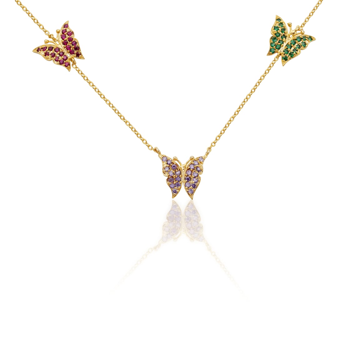 Three Butterflies With Gemstones in Gold Princess Necklace. - Etsy