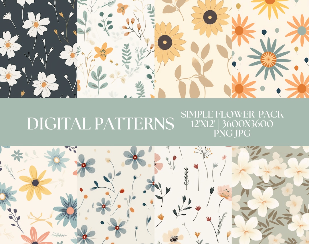 Set of 8 Simple Flower-themed Digital Patterns: Elegant Blossom Designs ...