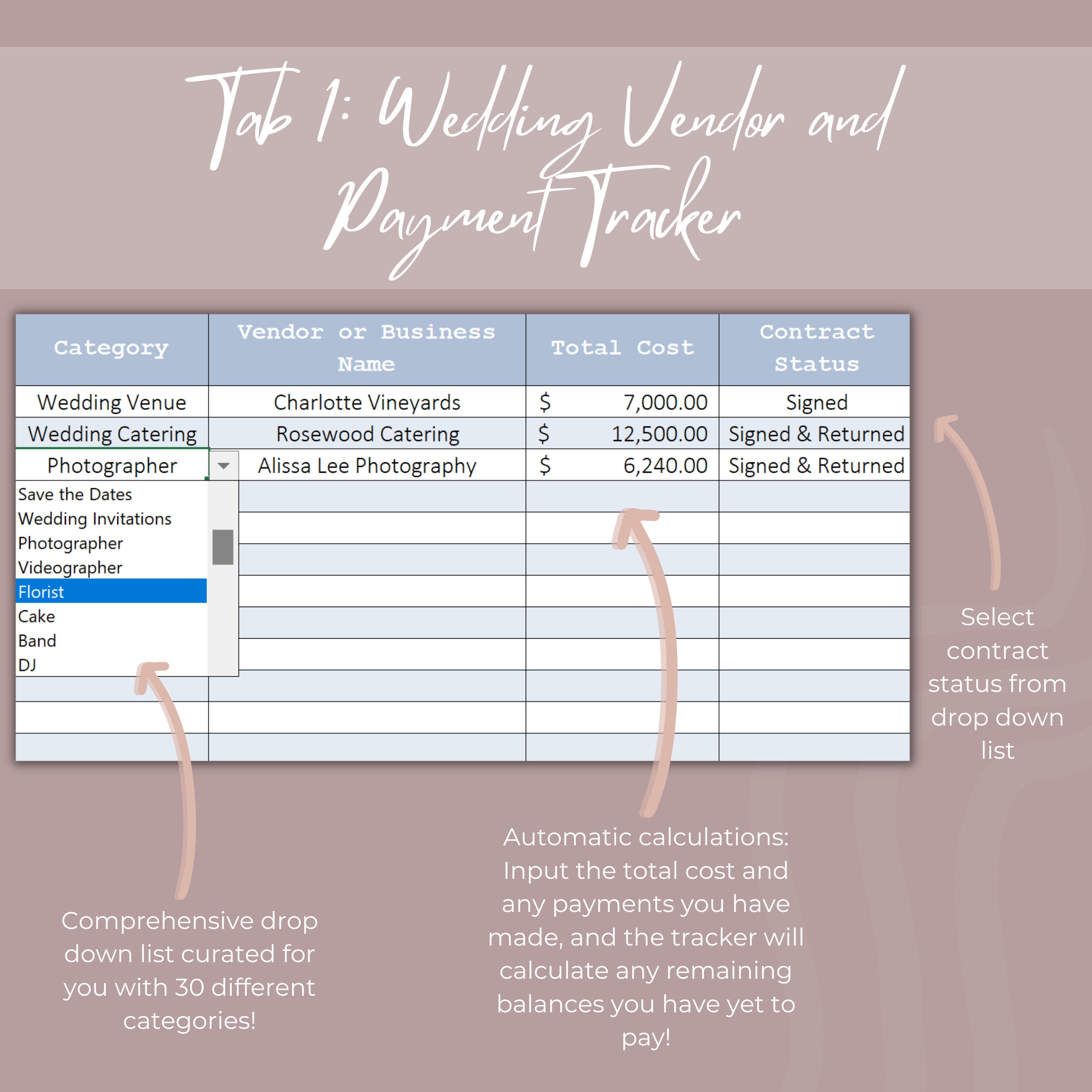 Wedding Vendor and Payment Tracker, Digital Wedding Vendor and Payment ...