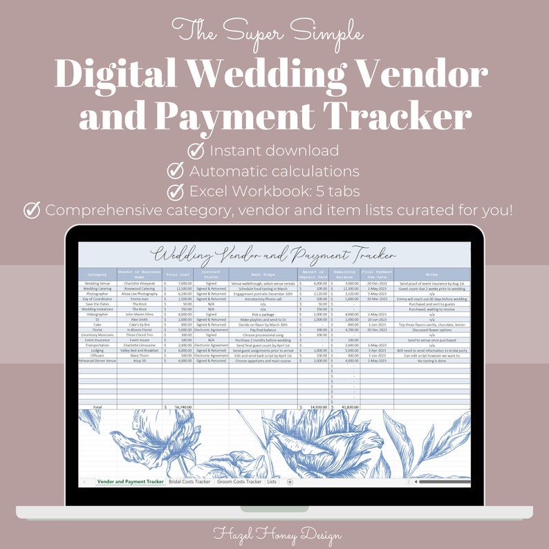 Wedding Vendor and Payment Tracker, Digital Wedding Vendor and Payment ...
