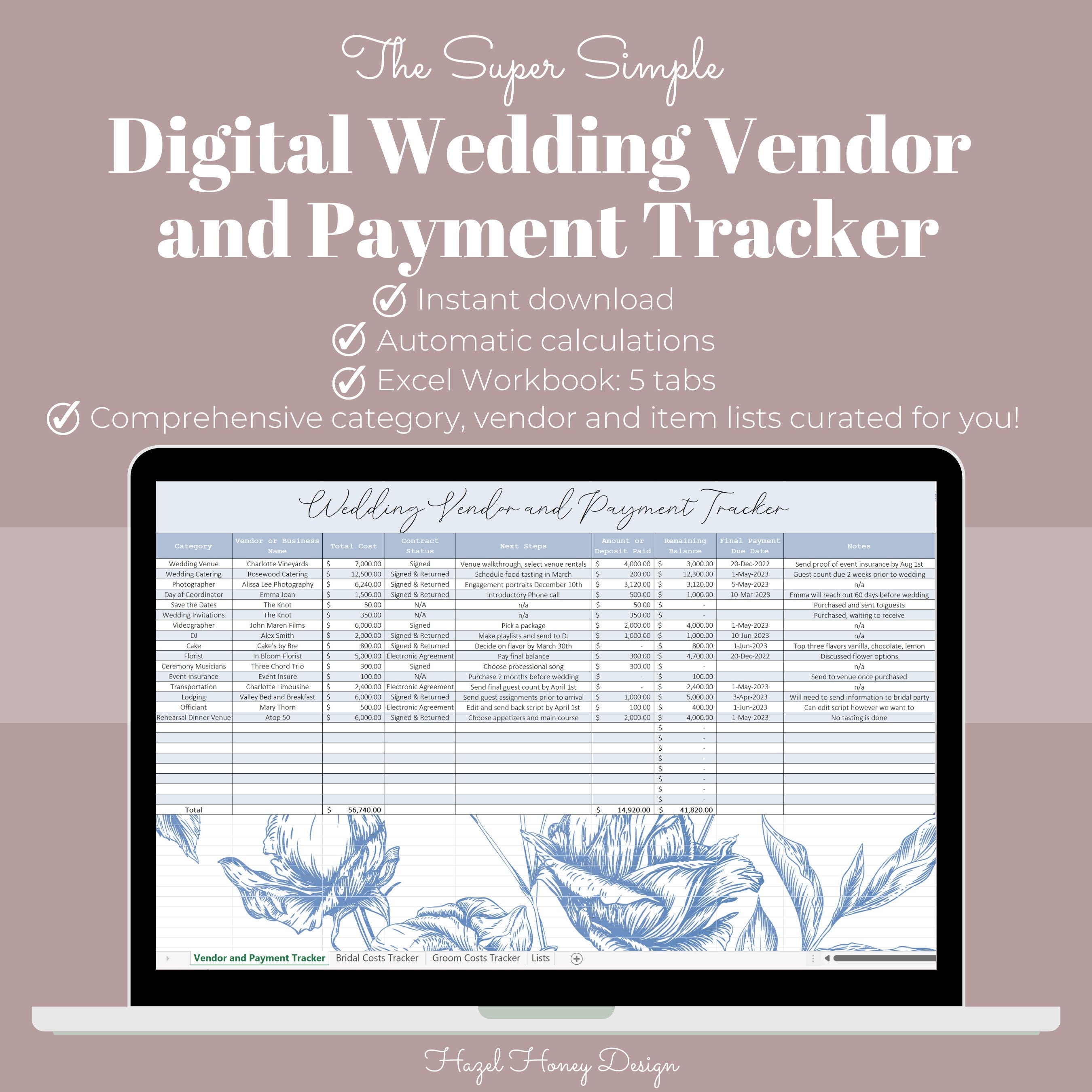 Wedding Vendor and Payment Tracker, Digital Wedding Vendor and Payment ...