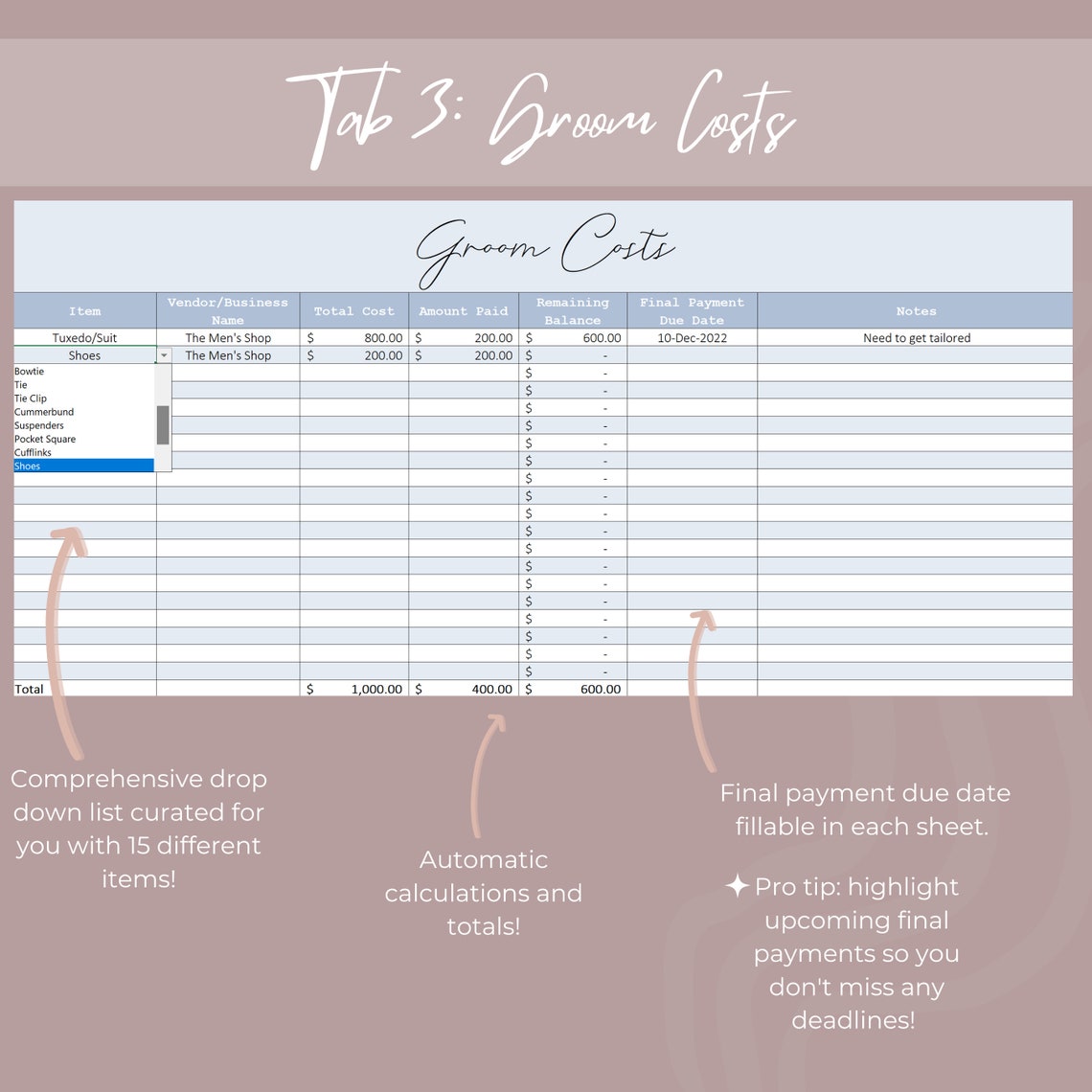 Wedding Vendor and Payment Tracker, Digital Wedding Vendor and Payment ...