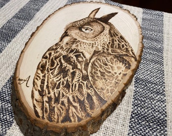 Hand Burned Great Horned Owl Wood Burning on Basswood Artist Panel ...