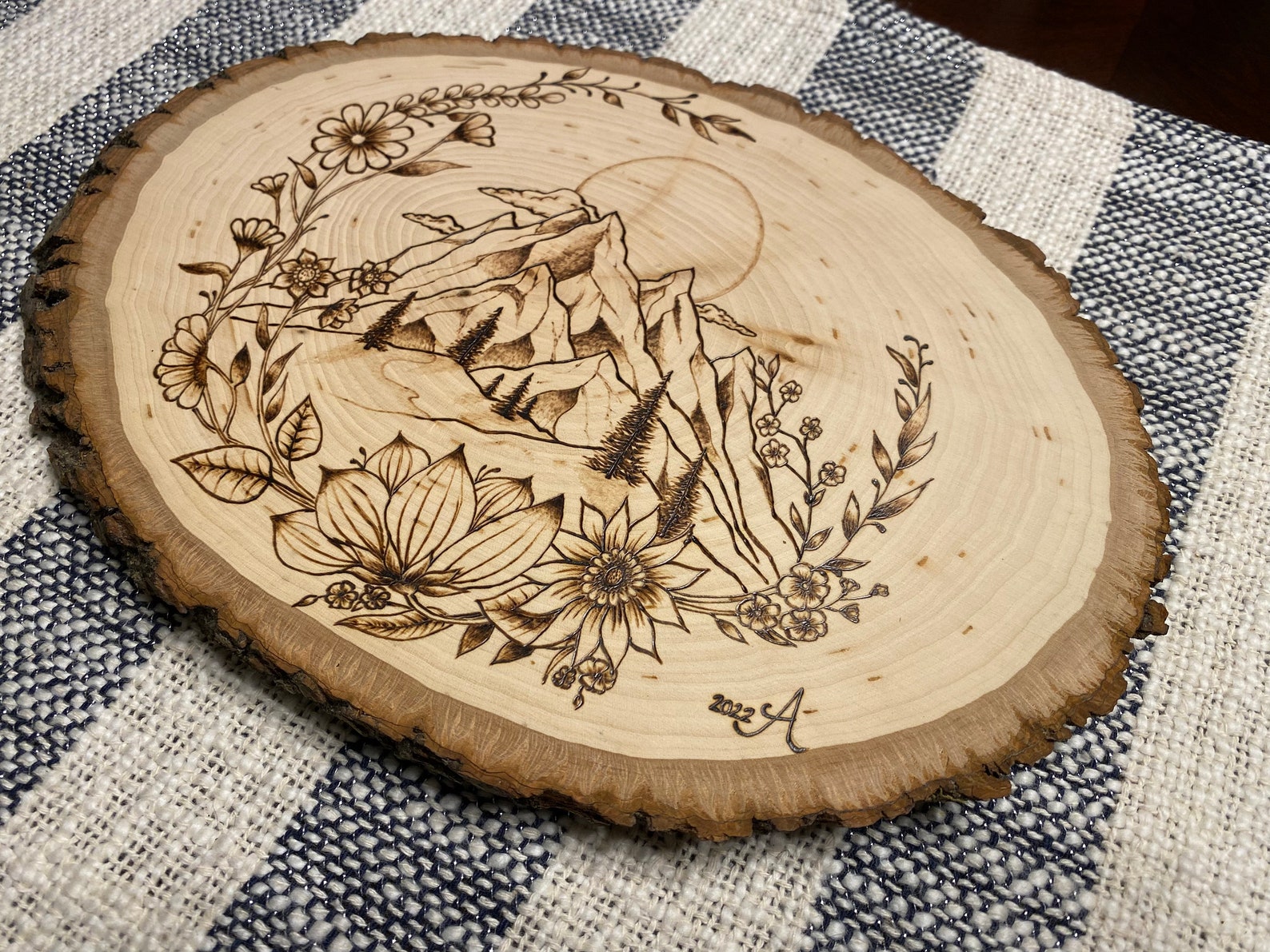 Pyrography Mountain Sunrise With Flowers - Etsy