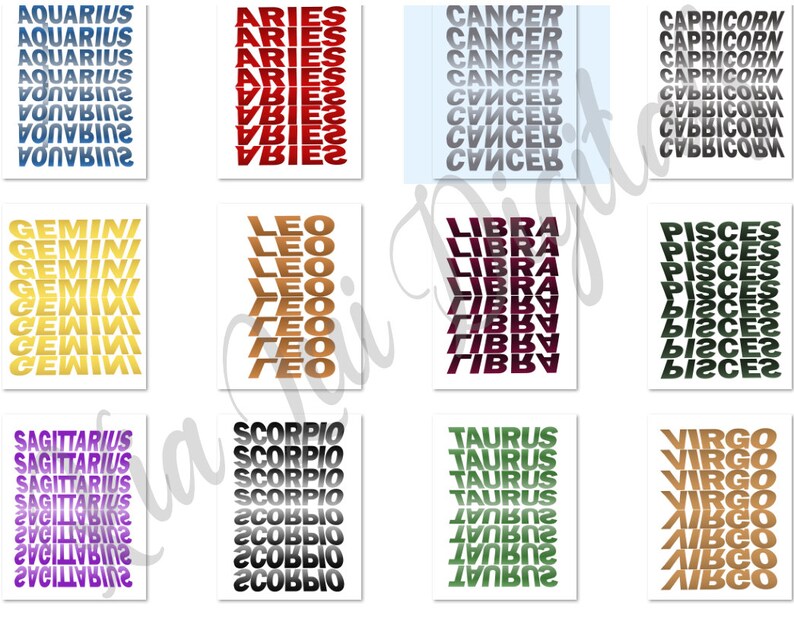 Zodiac PNG Bundle - Zodiac Words - Gradient Floating Mirrored Text ...