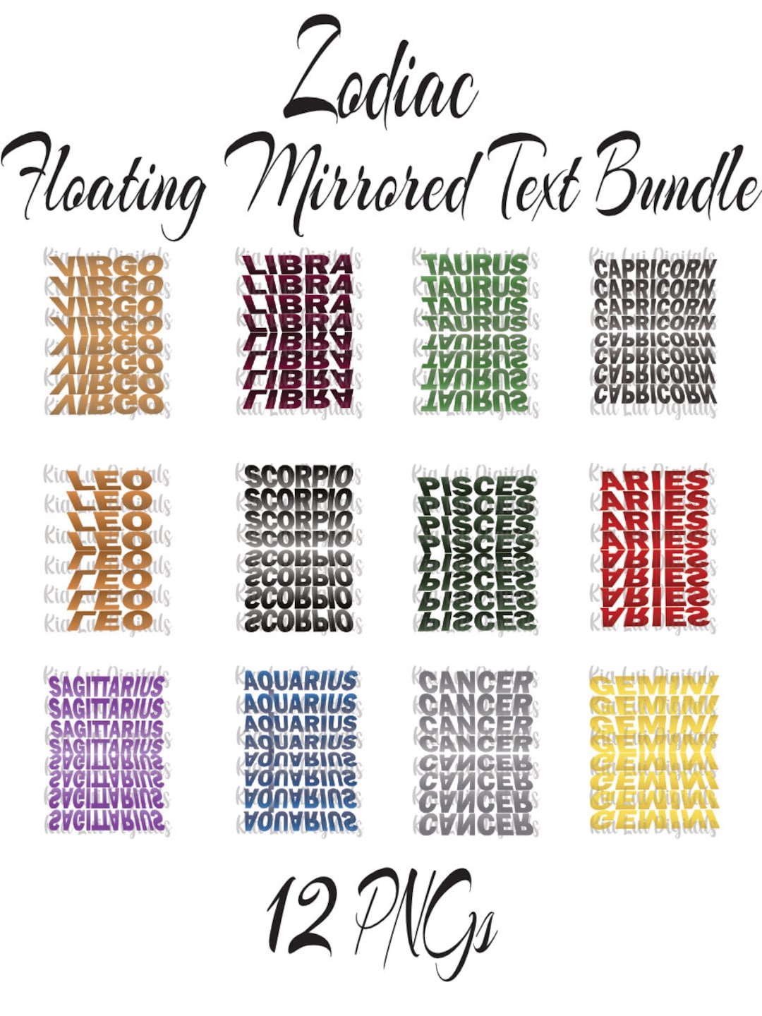 Zodiac PNG Bundle - Zodiac Words - Gradient Floating Mirrored Text ...