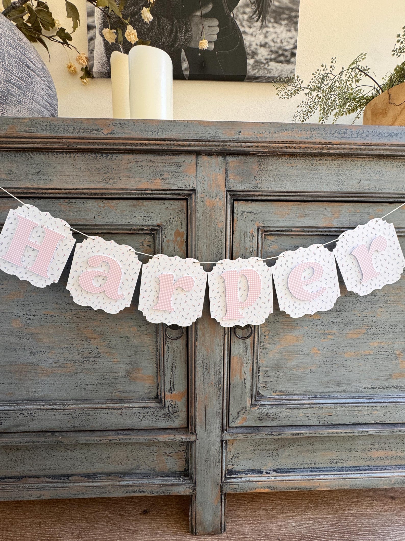Pink Gingham Baby Name Banner, Floral Baby Shower Garland - Etsy
