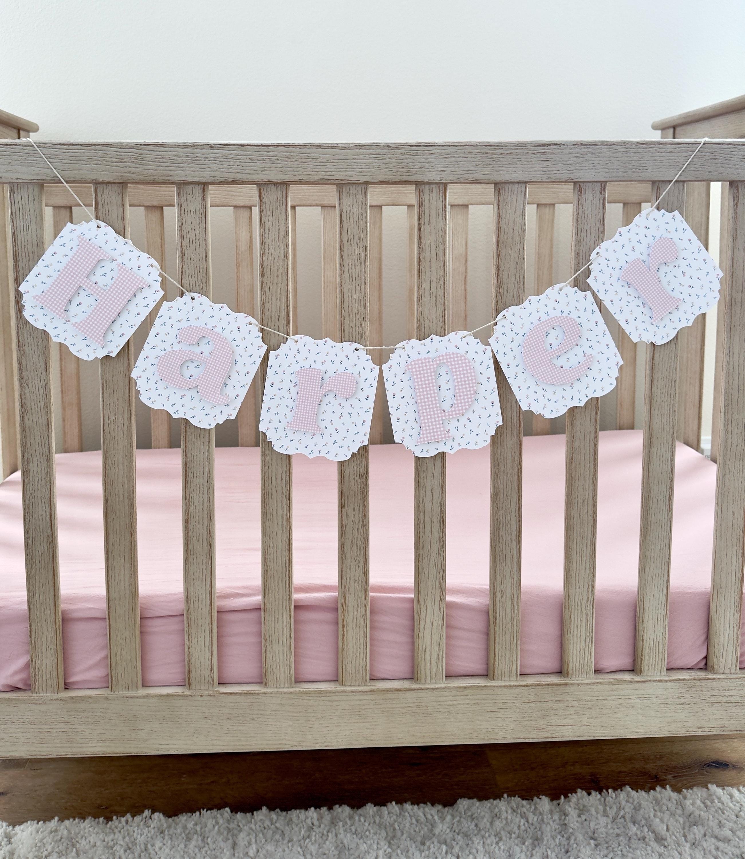 Pink Gingham Baby Name Banner, Floral Baby Shower Garland - Etsy