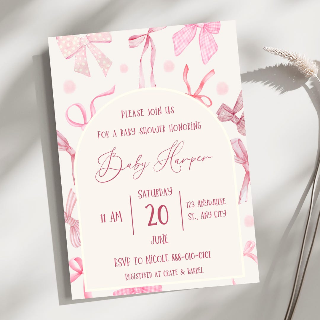 Girl Baby Shower Invite, Bow Themed Baby Shower, Pink Bow Baby Shower ...
