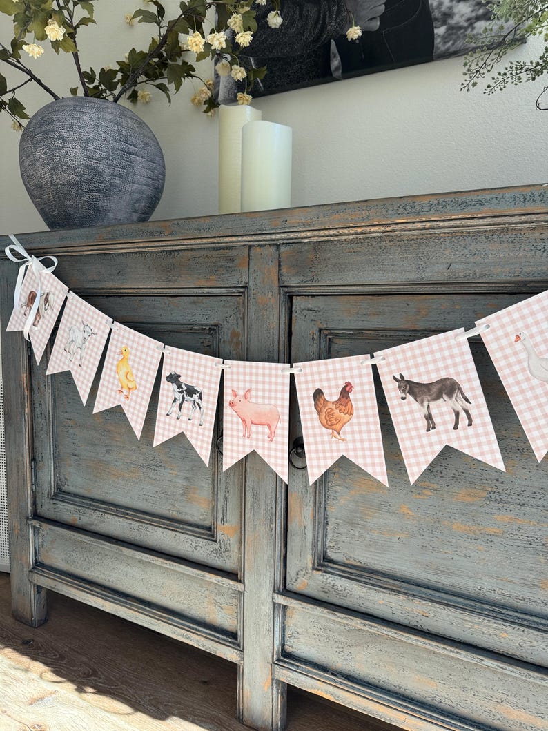 Farm Animal Birthday Party Banner: Pink Gingham Barnyard Decoration - Etsy