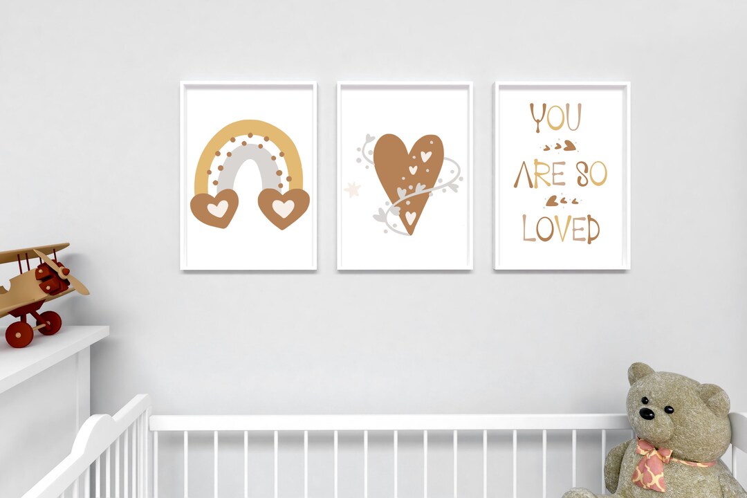 Boho Rainbow and Heart Nursery Prints, Set of Three Prints or Canvas ...
