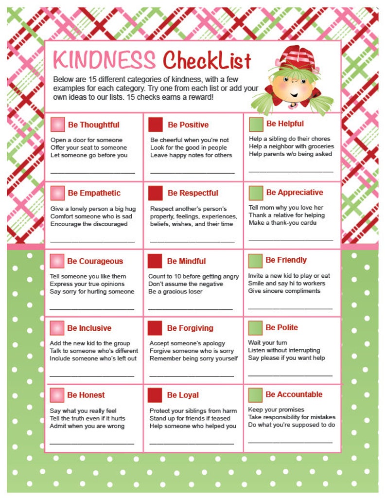 KINDNESS Checklist: A PRINTABLE Activity for Parents and Teachers to ...