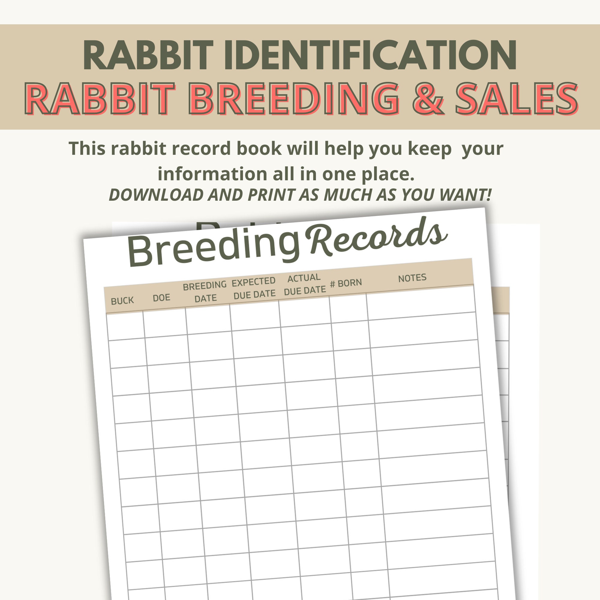 Rabbit Record Book, Printable Rabbit Record Keeping Journal, Rabbitry ...