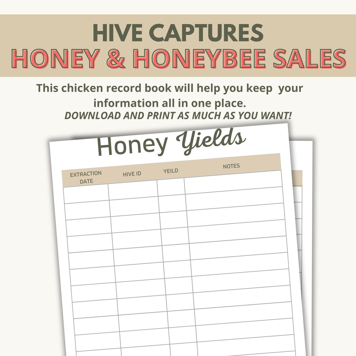 Honeybee Record Book, Beekeeping Log Printable Download, Beehive ...