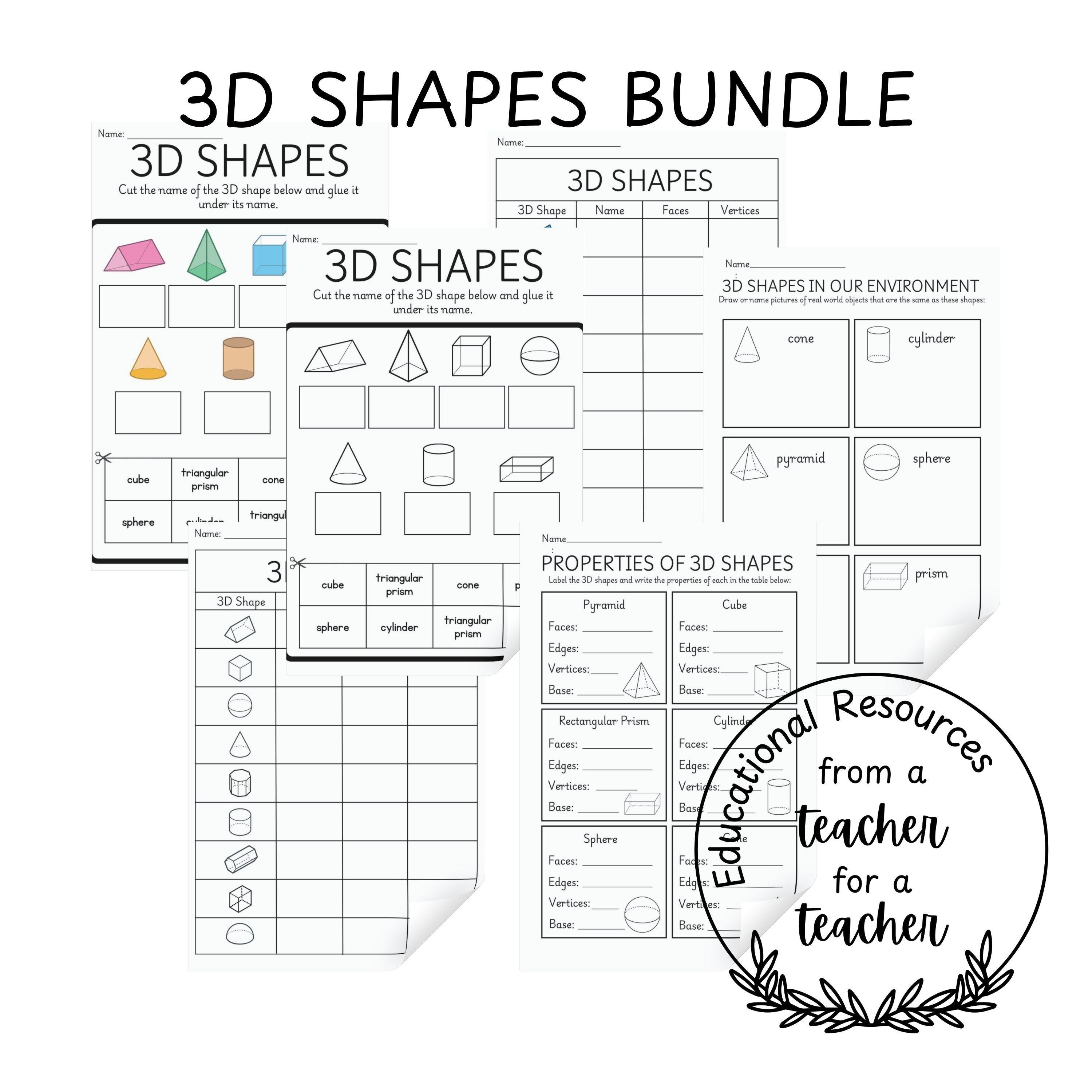 Cut and Paste 3D Shapes Worksheet, Identify Name, Face, Vertices, 3D ...