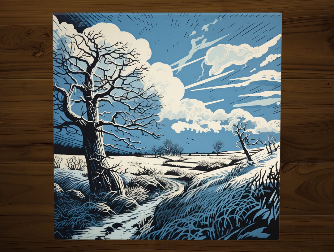 Stylized Linocut Landscape Art on Decorative Tile | Drink Coaster ...