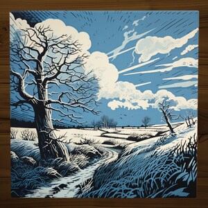 Stylized Linocut Landscape Art on Decorative Tile Valley Fall Glossy ...