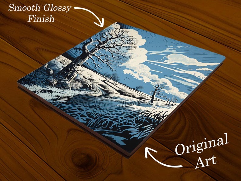 Linocut Winter Landscape Art Tile: Handmade Glossy Ceramic Wall Decor ...