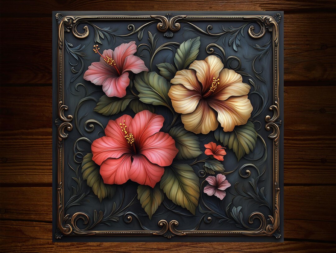 Hibiscus Art Nouveau Ceramic Tile: Art Deco Floral Wall Decor Coaster ...