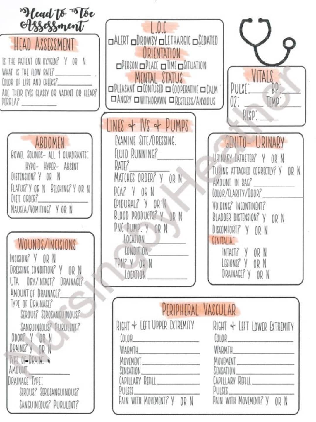 Head to Toe Assessment Checklist - Etsy