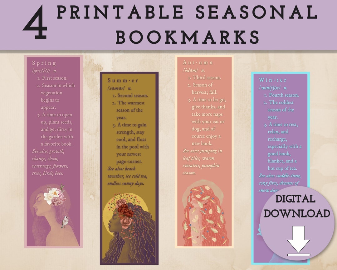 4 Printable Bookmarks, Seasons Bookmarks for Summer, Fall, Winter, and ...