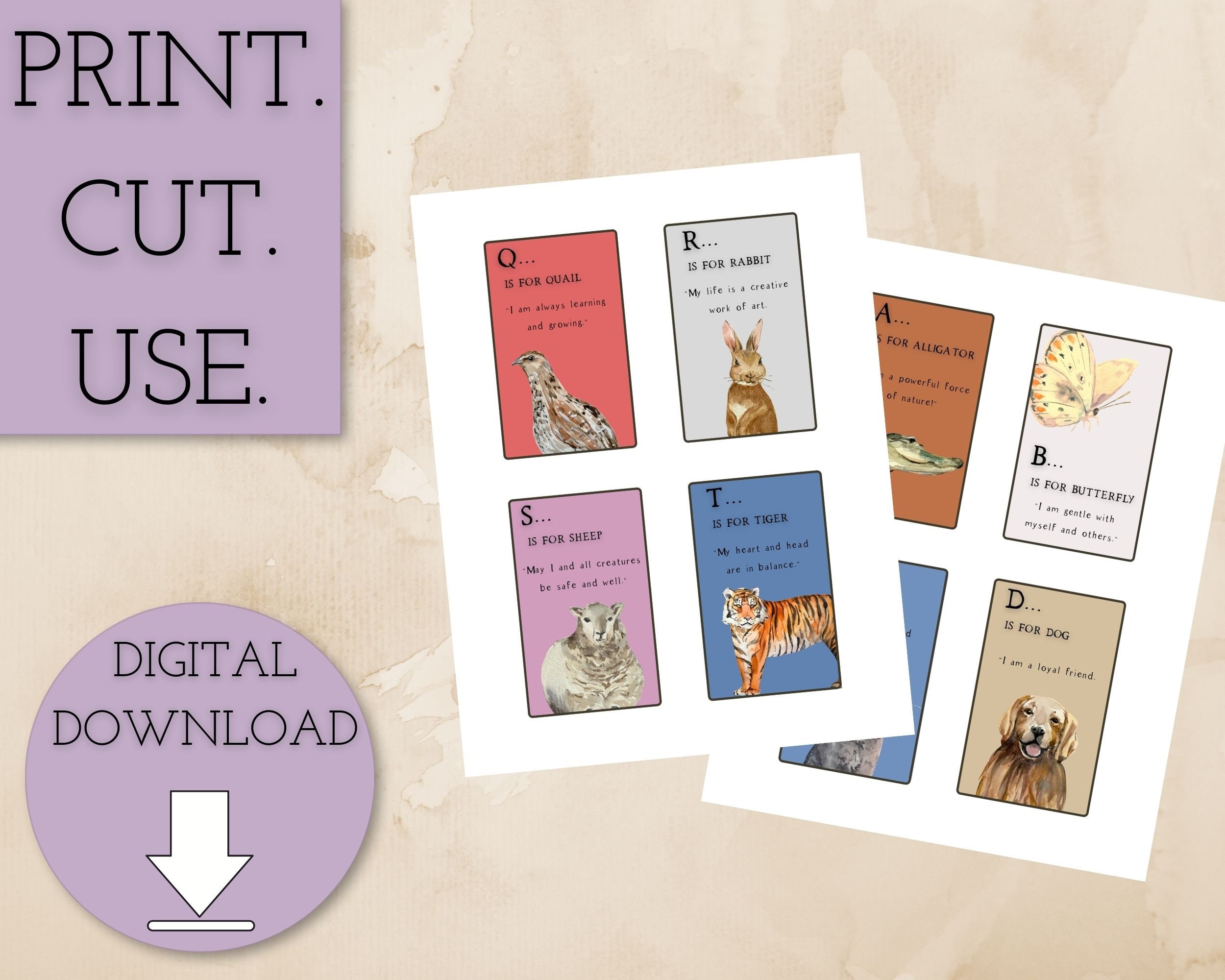Printable Animal Cards, ABC Animal Cards, Positive Affirmation Cards ...
