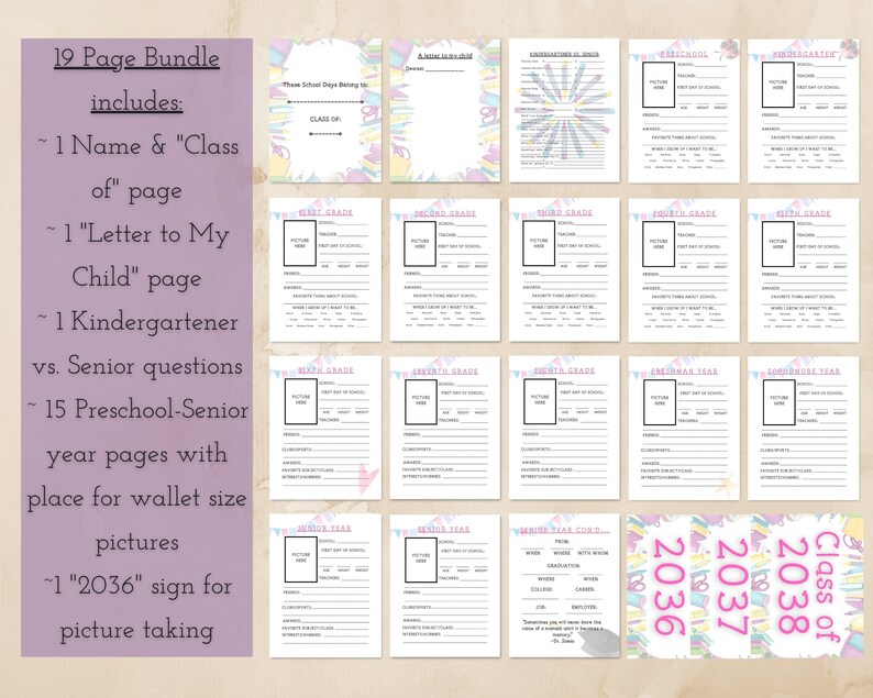 Pink School Days Printable Memory Book Pages, School Memories, Pre-k to ...