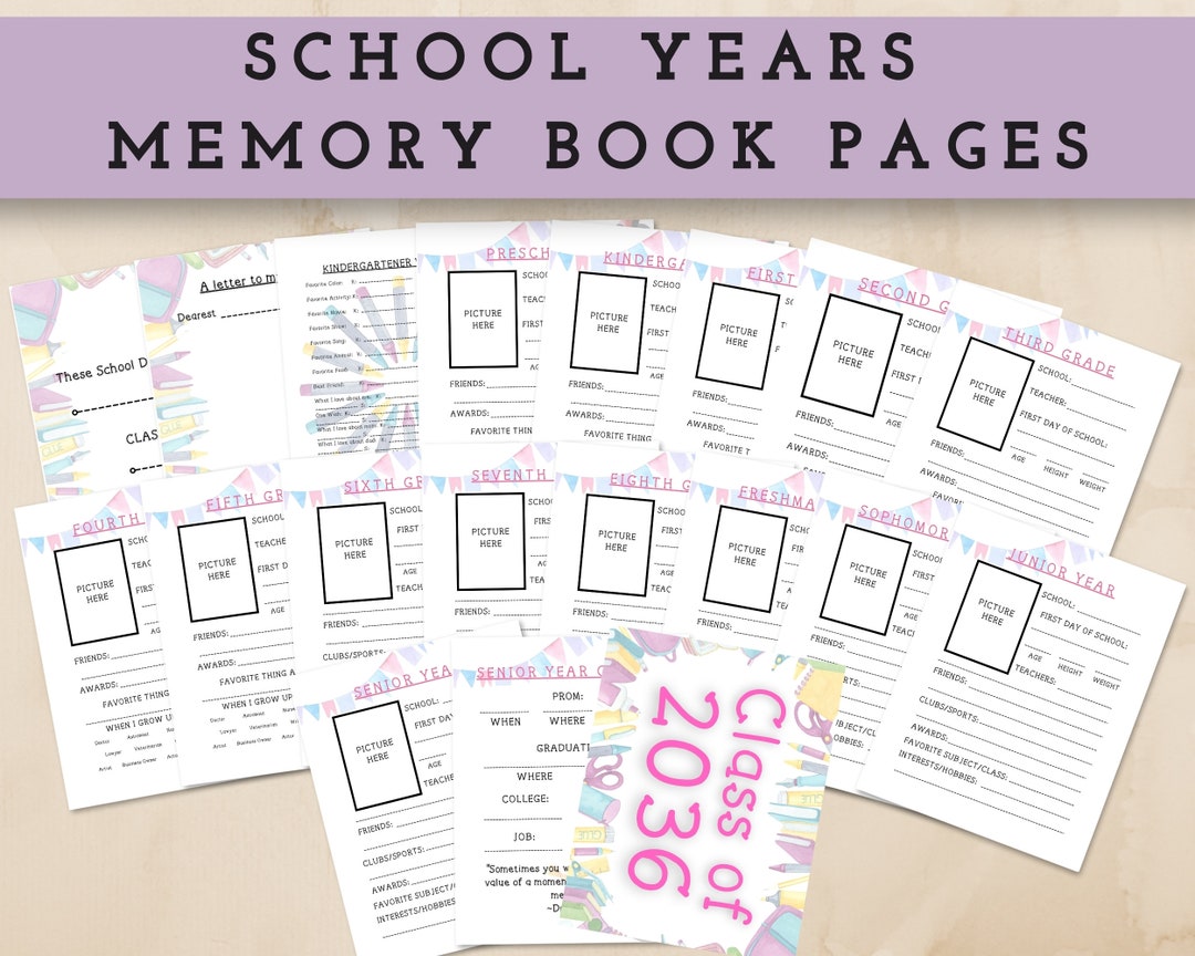 Pink School Days Printable Memory Book Pages, School Memories, Pre-k to ...