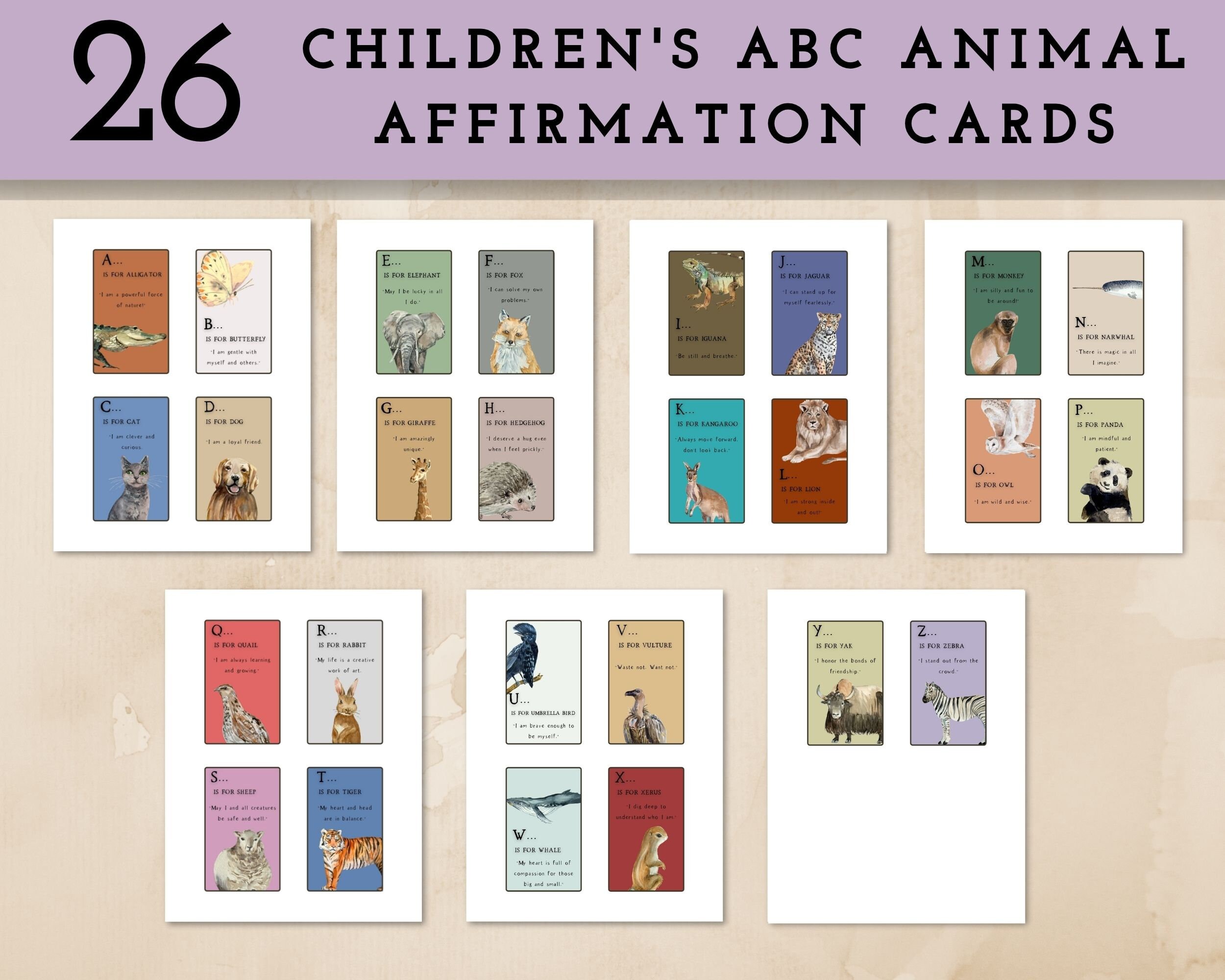 Printable Animal Cards, ABC Animal Cards, Positive Affirmation Cards ...