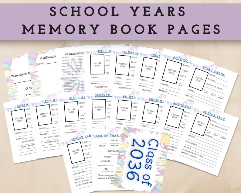 Blue School Days Printable Memory Book Pages, School Memories, Pre-k to ...