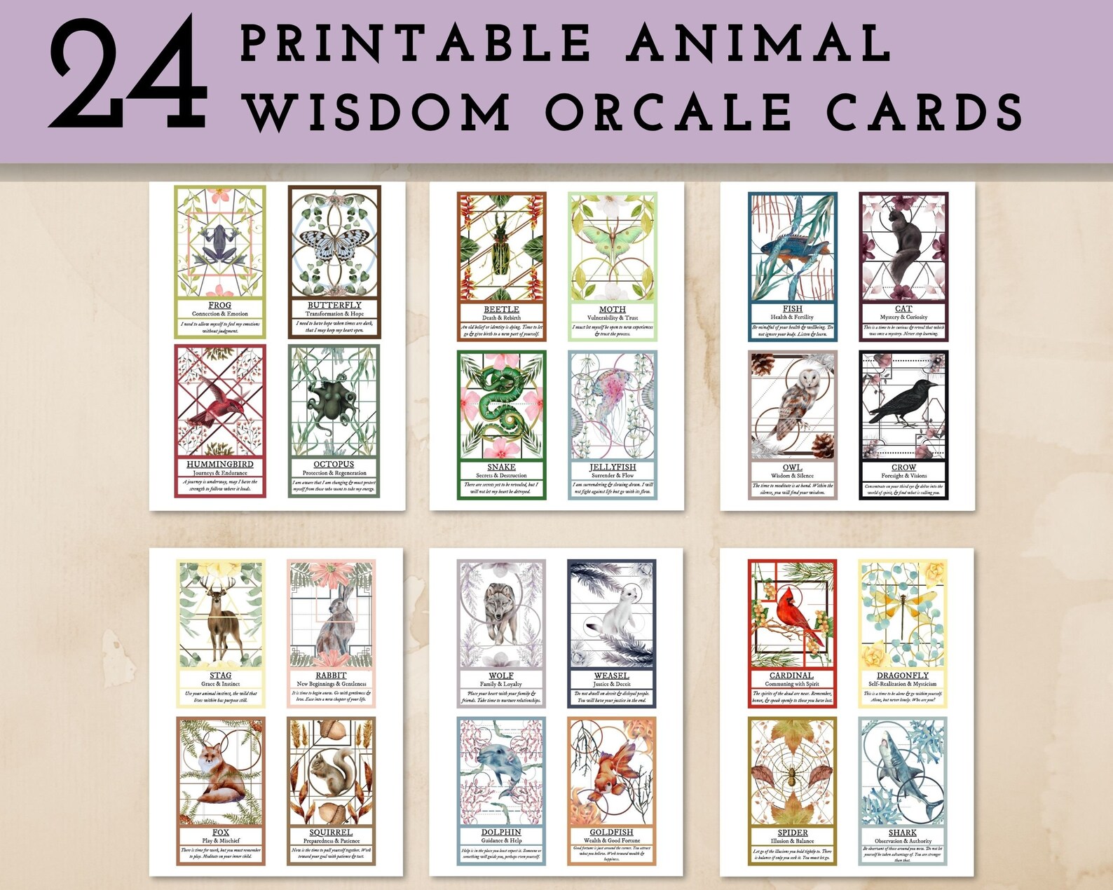 Printable Animal Oracle Card Deck, 24 Cards, Animal Omen Cards, Oracle ...
