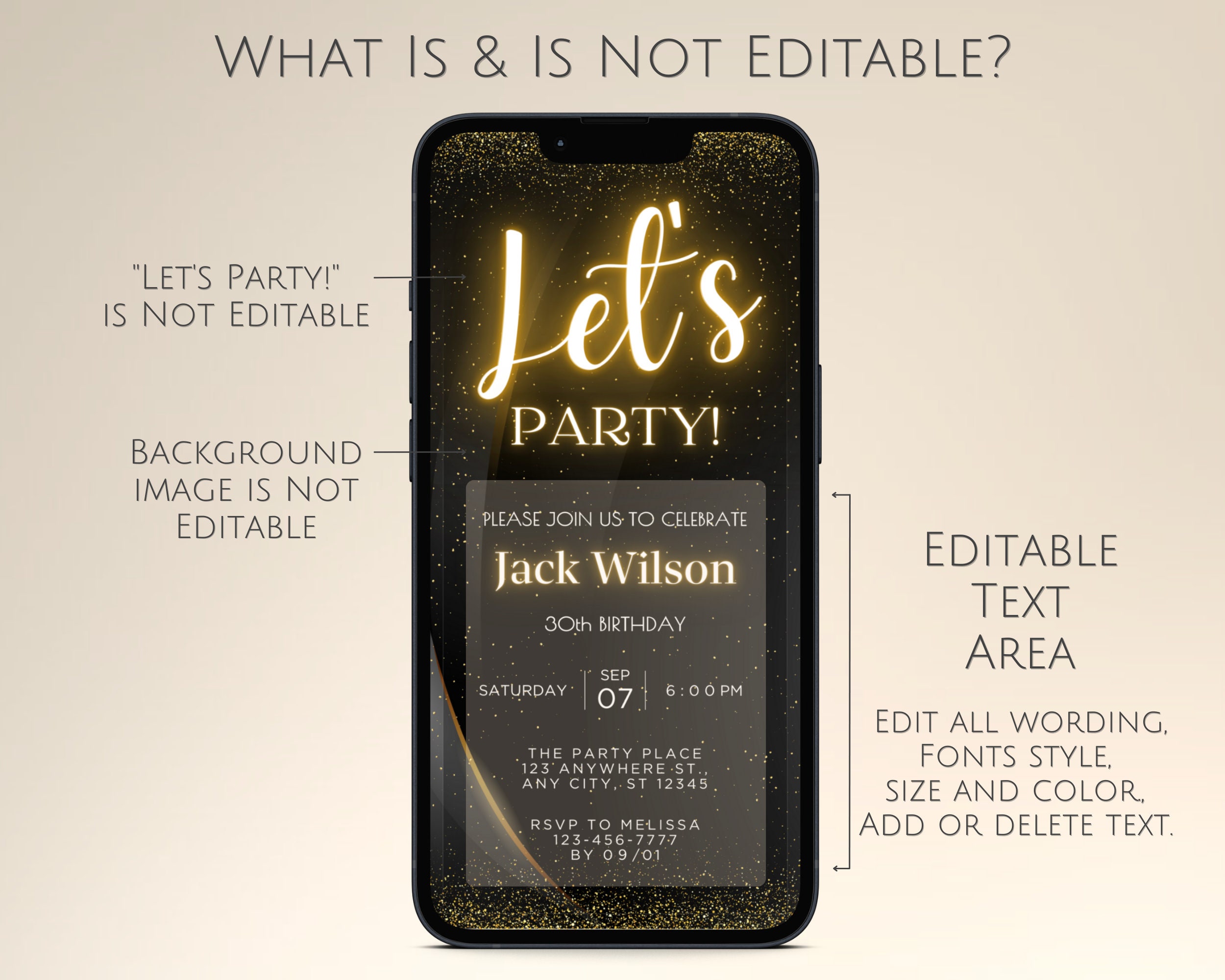 Black and Gold Party Invitation Editable Birthday Invitation Digital ...