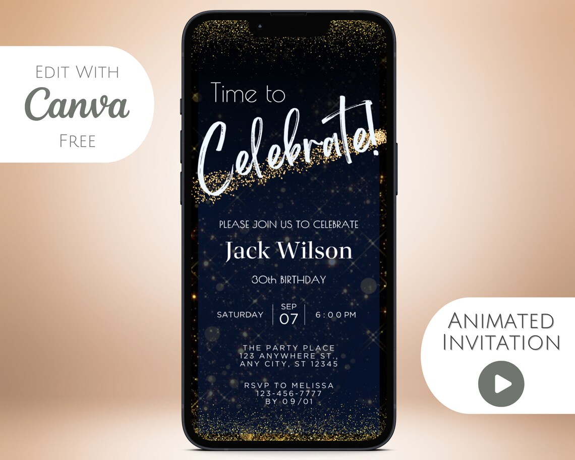 Animated Birthday Invitation Black Gold Editable Video Invite ...