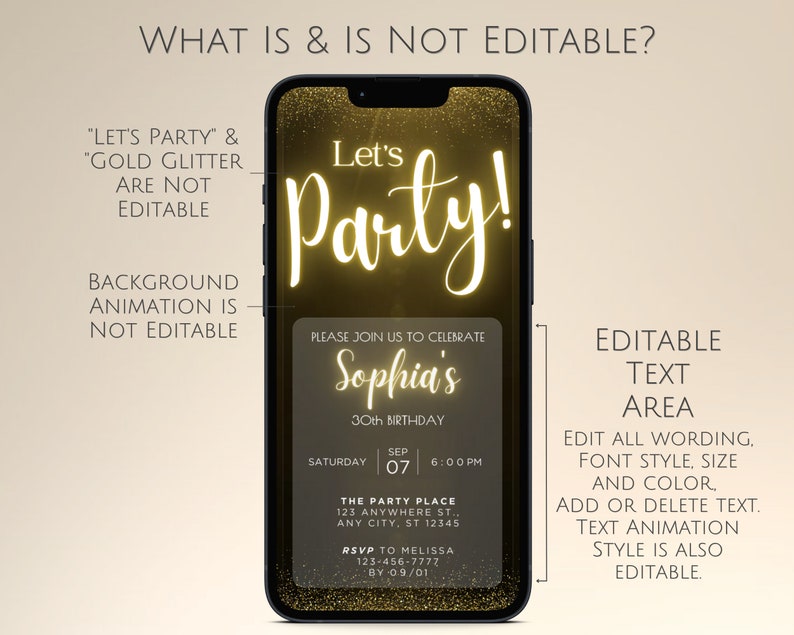 Animated Party Invitation Template Black Gold Editable Video Invite ...