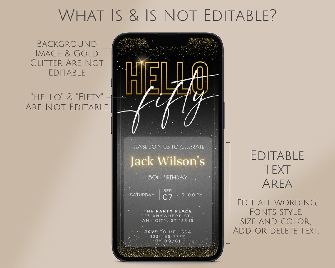 50th Birthday Invitation Template Black and Gold Invitation Editable ...