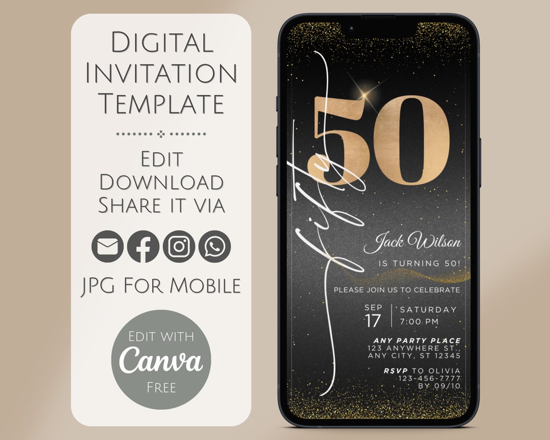 Black Gold 50th Birthday Invitation Template Digital Invite Birthday ...