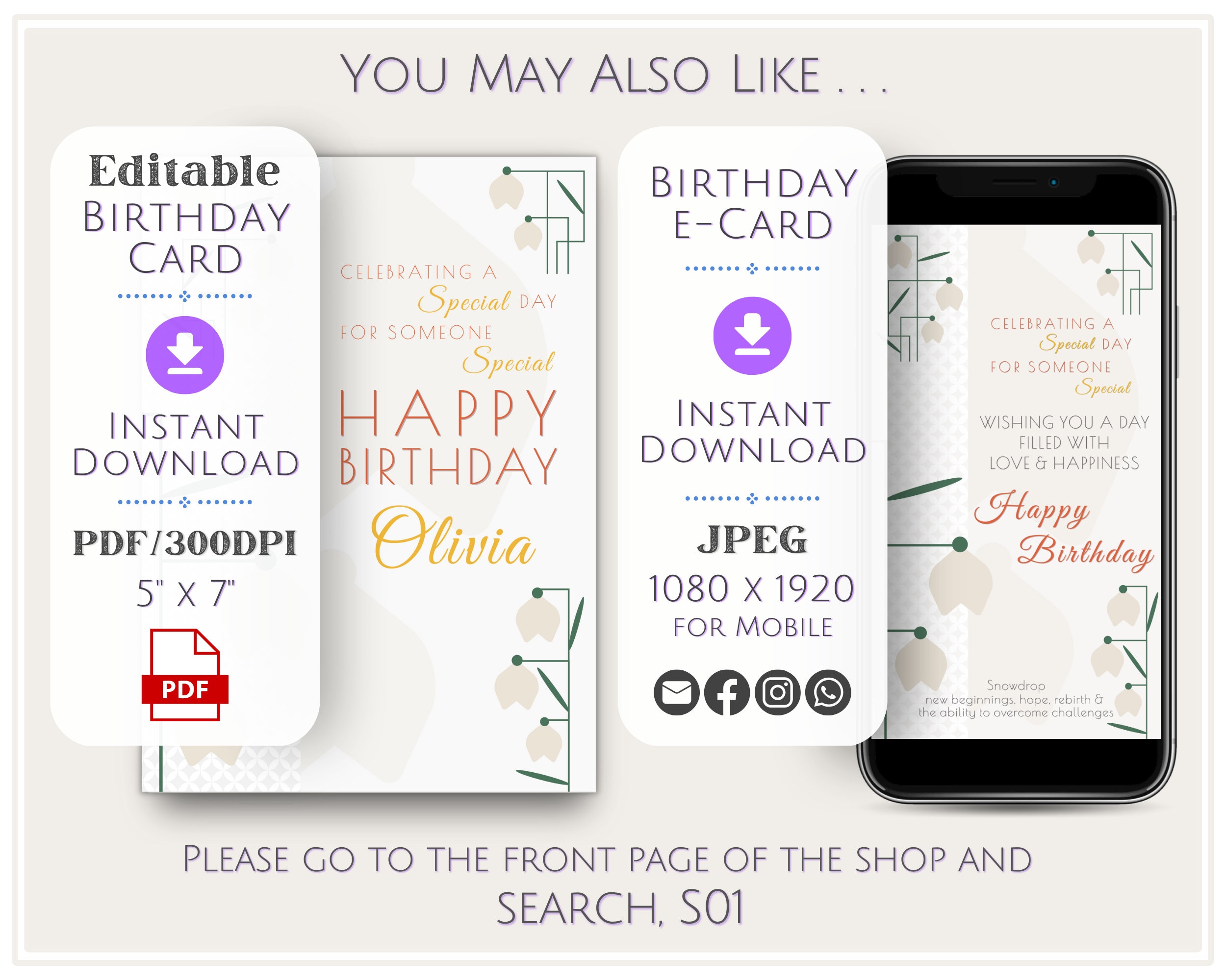 Digital Birthday Card, Printable Birthday Card, Flower Birthday Card ...