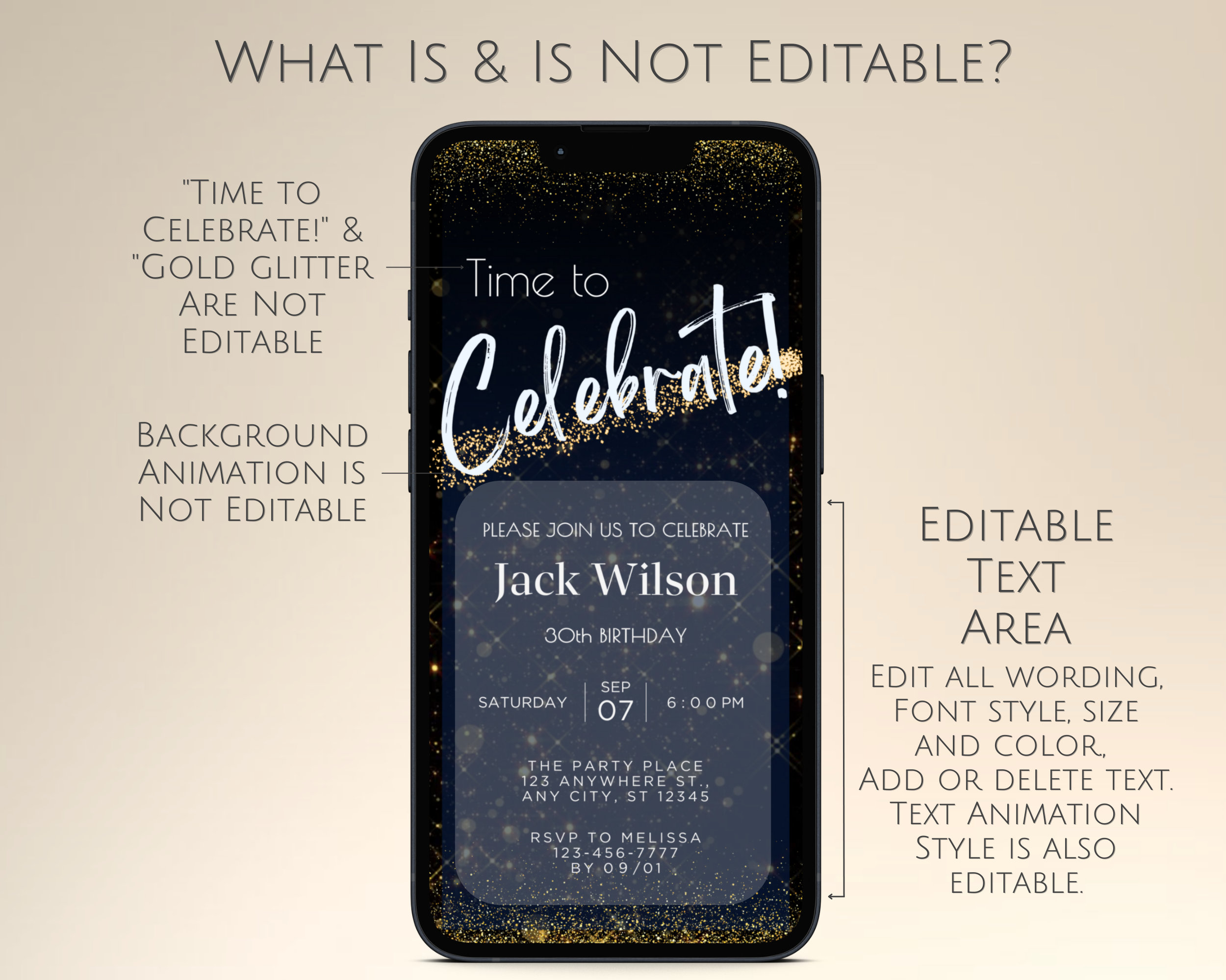 Animated Birthday Invitation Black Gold Editable Video Invite ...