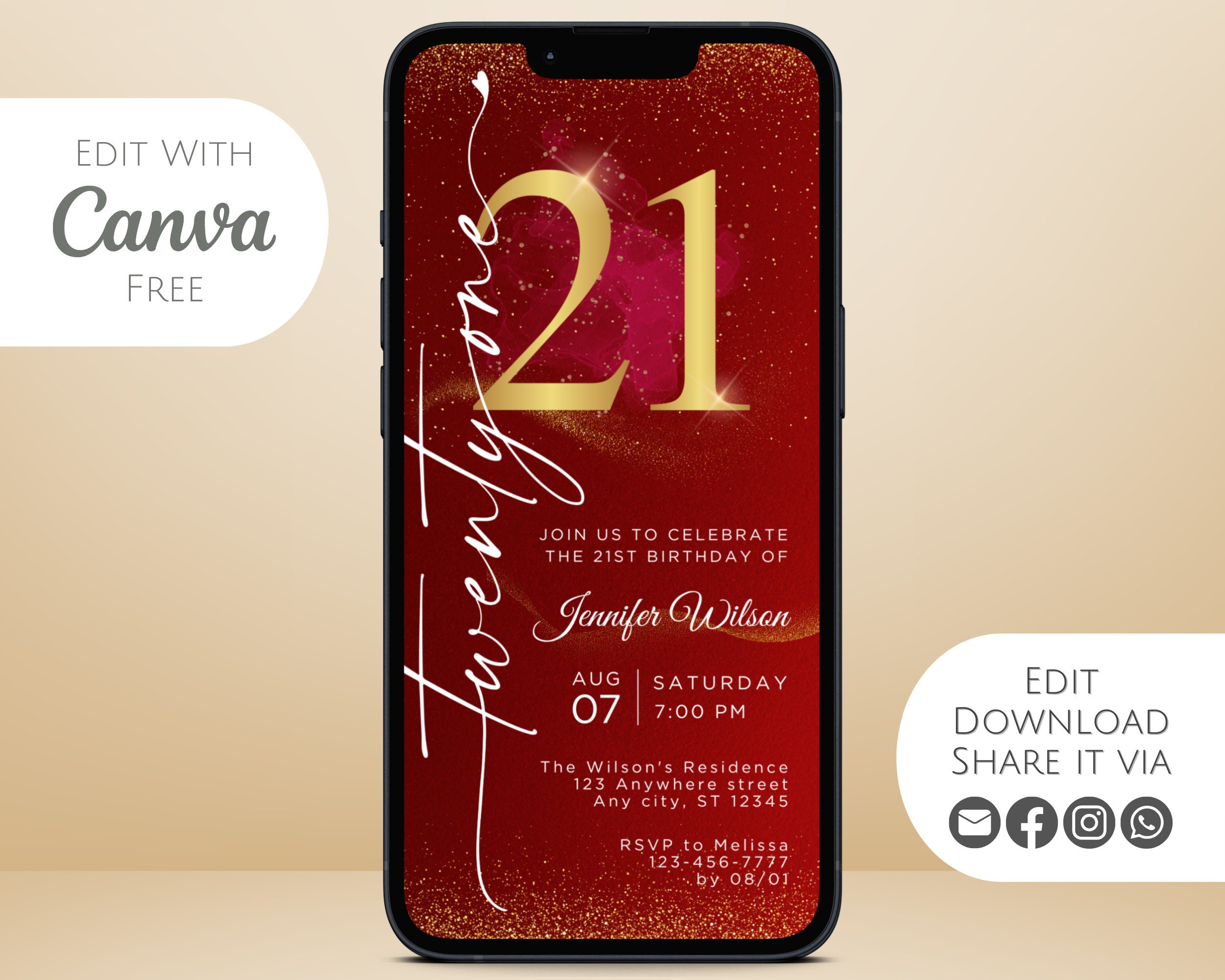 21st Birthday Party Invitation, Digital 21st Birthday Invite, Red and ...