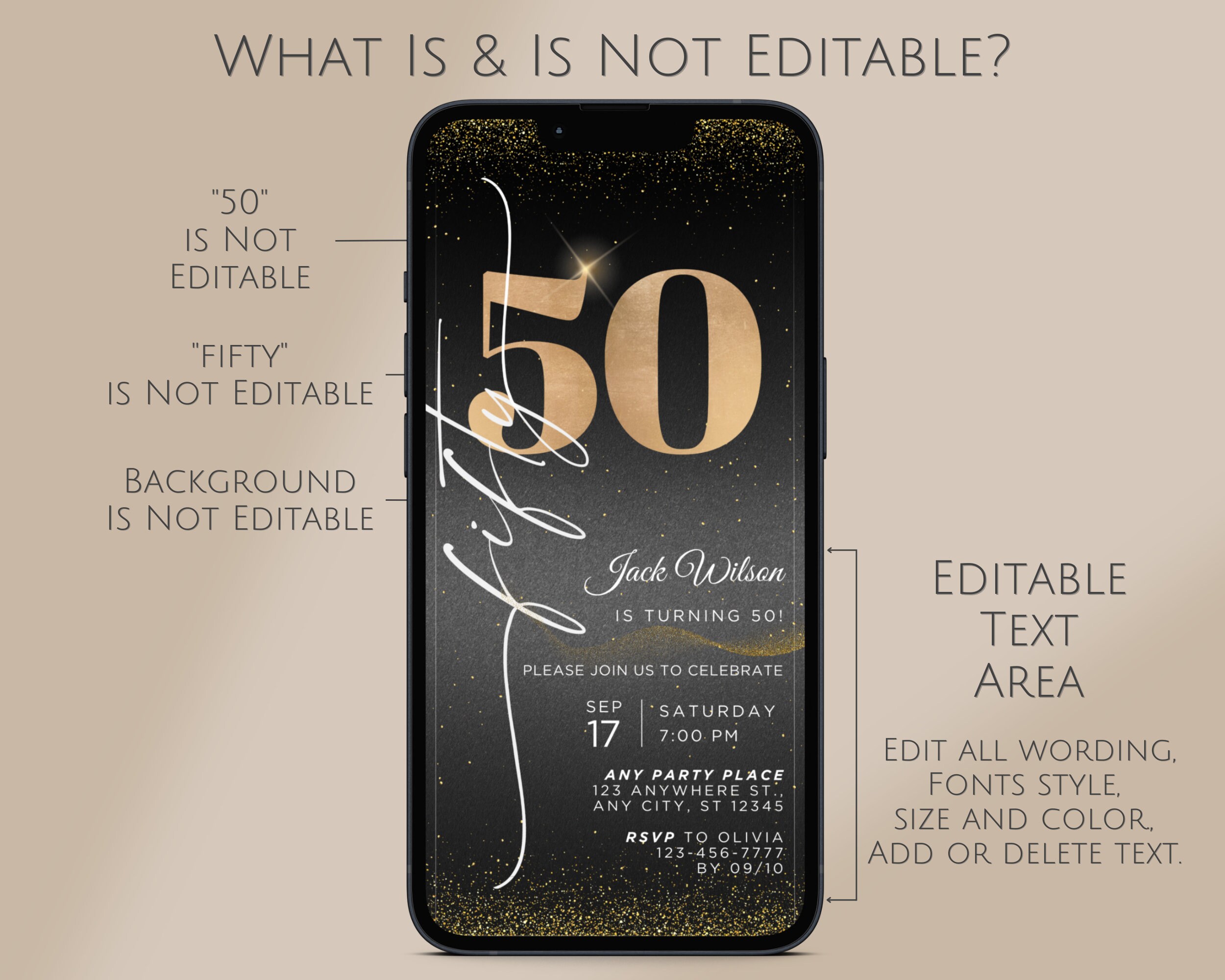 Black Gold 50th Birthday Invitation Template Digital Invite Birthday ...