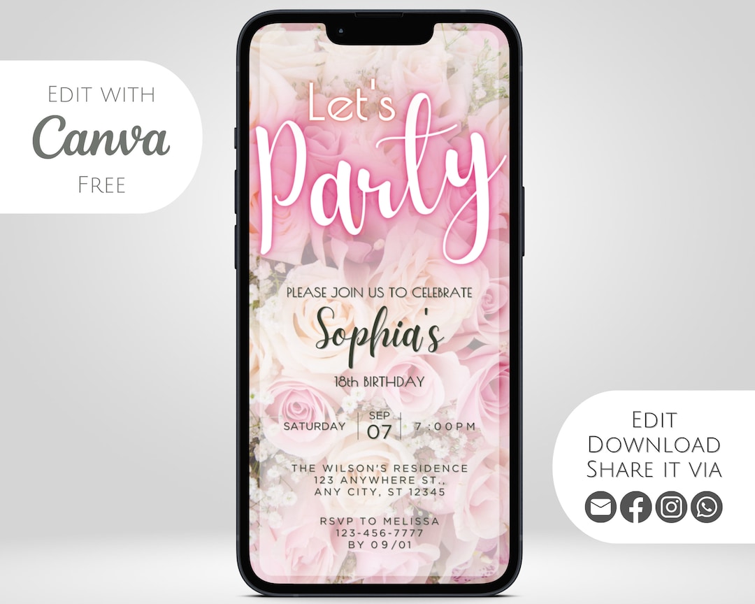 Digital Party Invitation Pink Floral Rose Invitation Editable Birthday ...